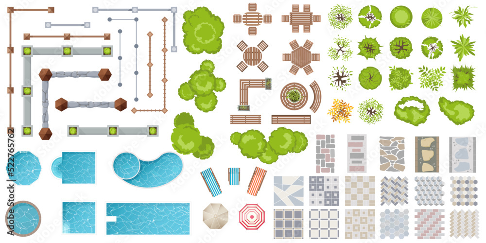 Architectural elements top view for landscape design. Set of outdoor ...