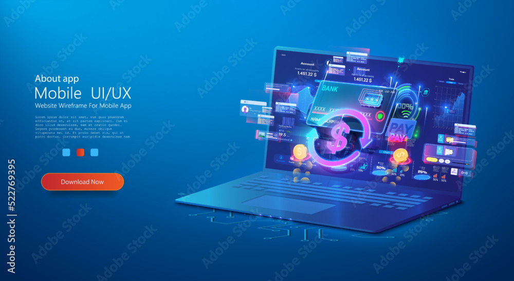 Financial management on a 3D laptop with aspects of business analysis ...
