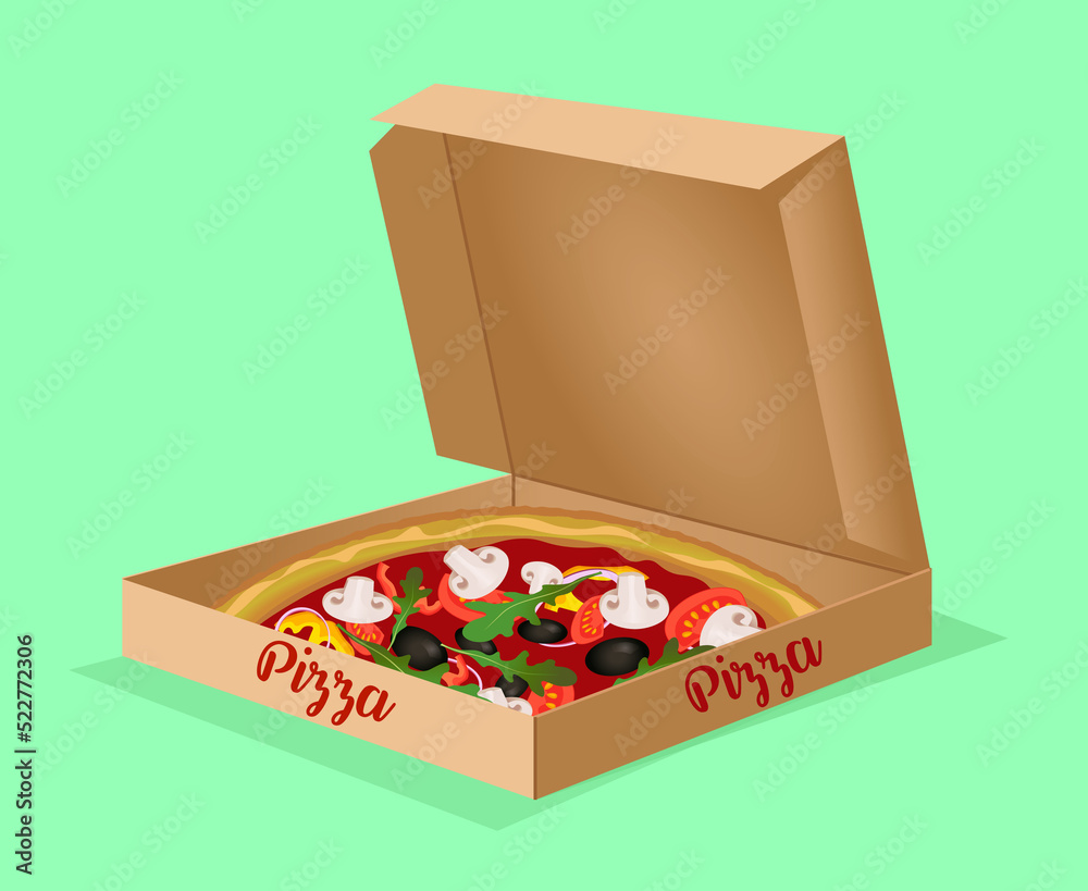 Realistic vegetarian pizza in box Italian food delivery drawing in flat ...