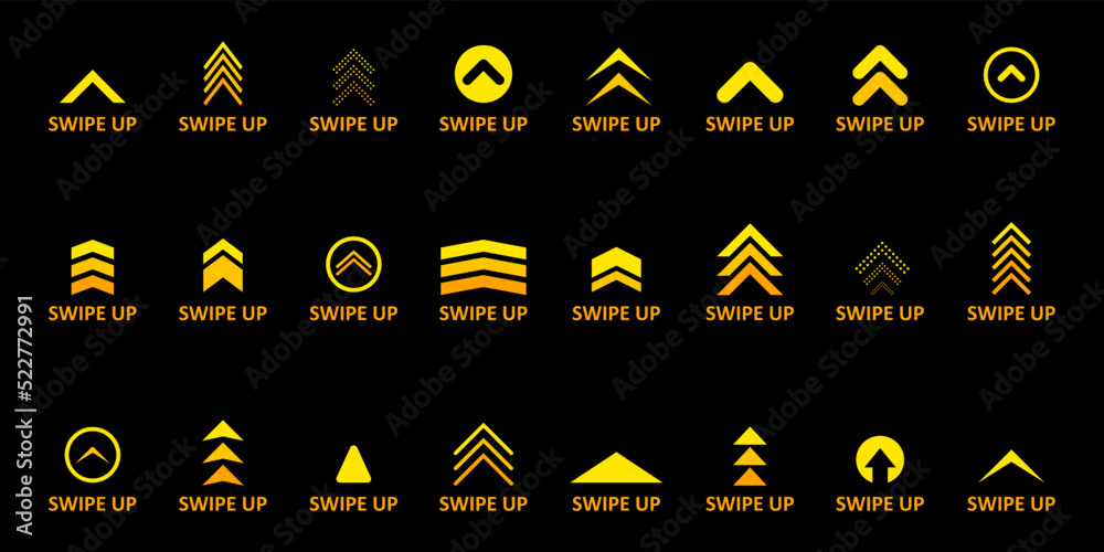 Swipe up icons. Arrow up for social media stories. Set of yellow swipe ...