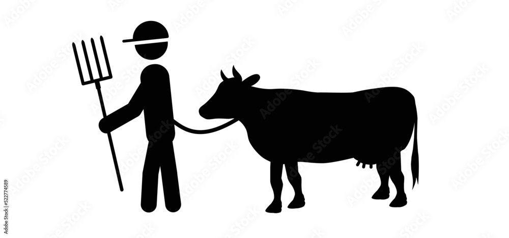 Stick figures or stickman farmer. Cartoon drawing black cow. Vector cow ...