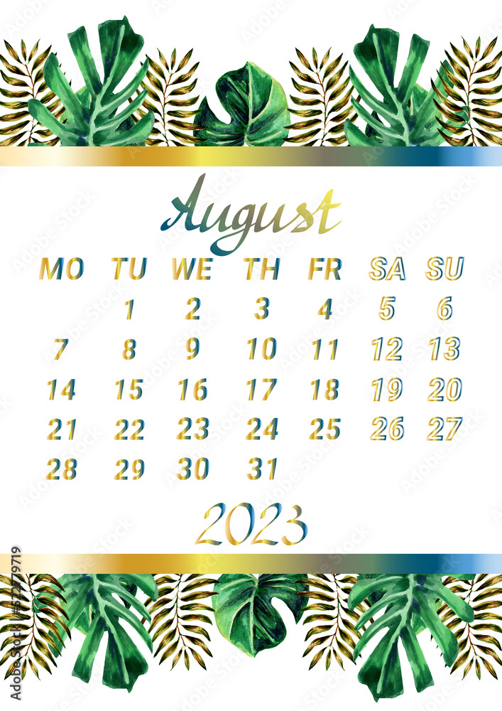Calendar page for 2023 with a vertical frame of watercolor leaves ...