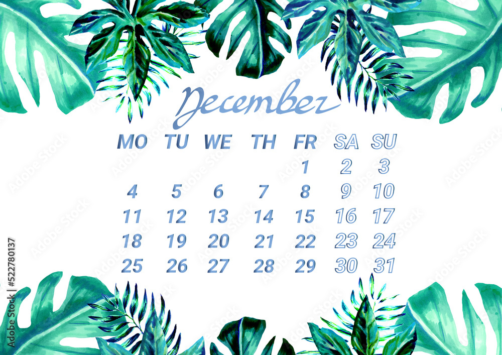 December: 2023 Calendar Template with Exotic Tropical Leaves. Calendar ...