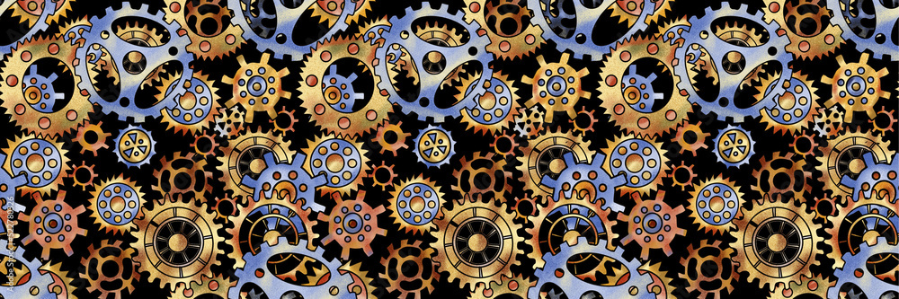 Horizontal Seamless pattern of gears and clockwork in steampunk style ...