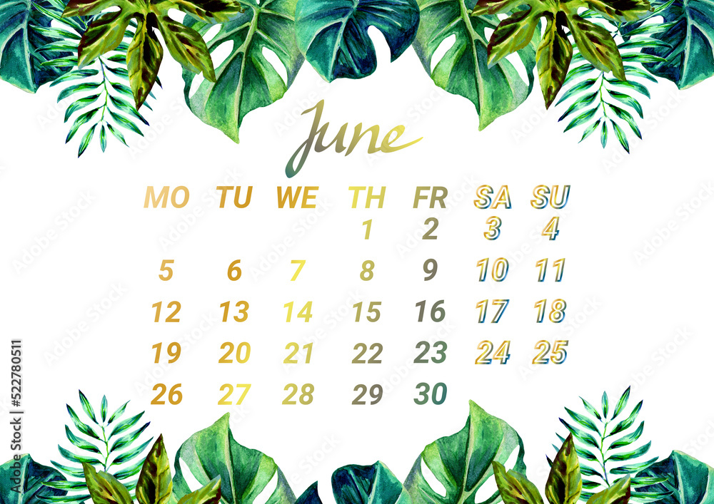 June: 2023 Calendar Template with Exotic Tropical Leaves. Calendar page ...