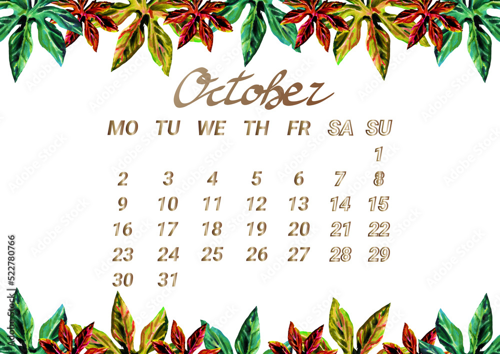 October: 2023 Calendar Template with Exotic Tropical Leaves. Calendar ...