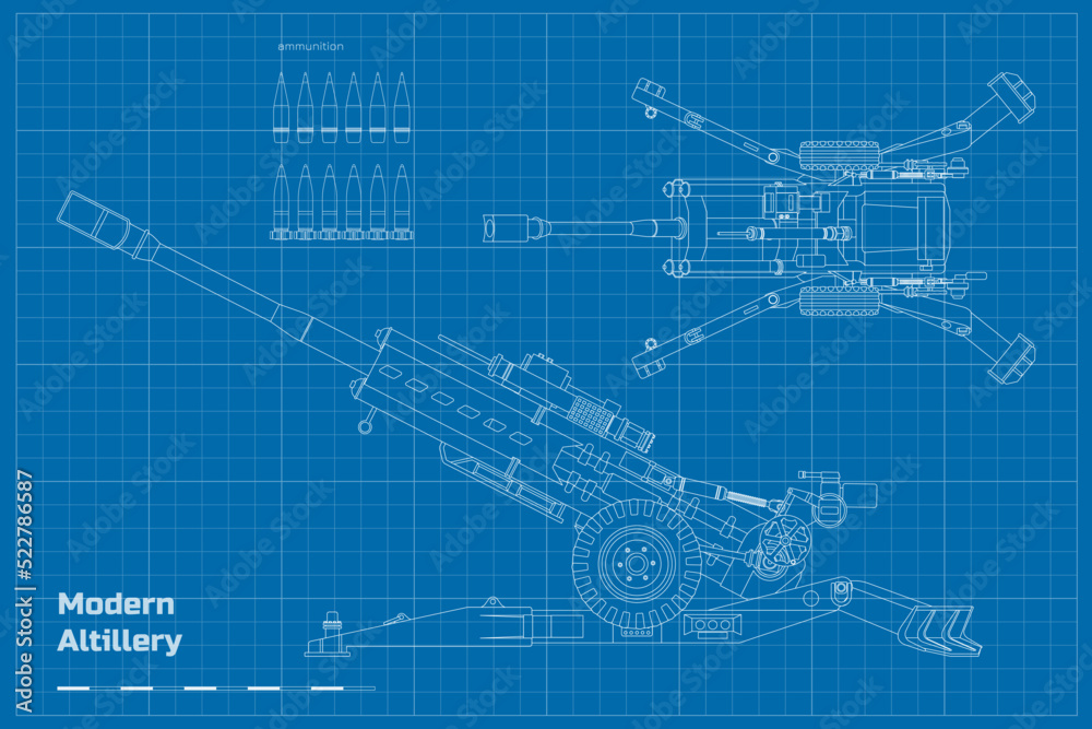 Outline modern artillery. Heavy cannon blueprint. Top, side view of ...