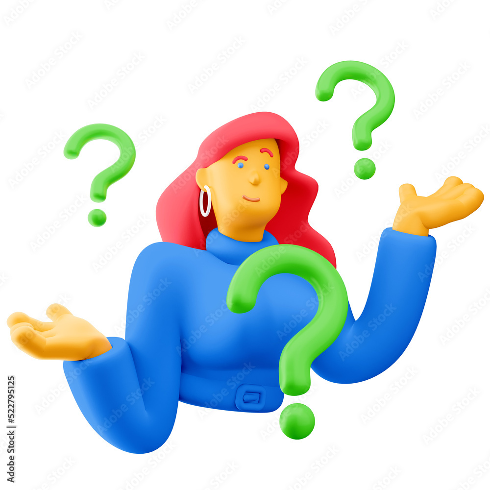 3d illustration. Cartoon girl 3d character with question mark sign. PNG ...