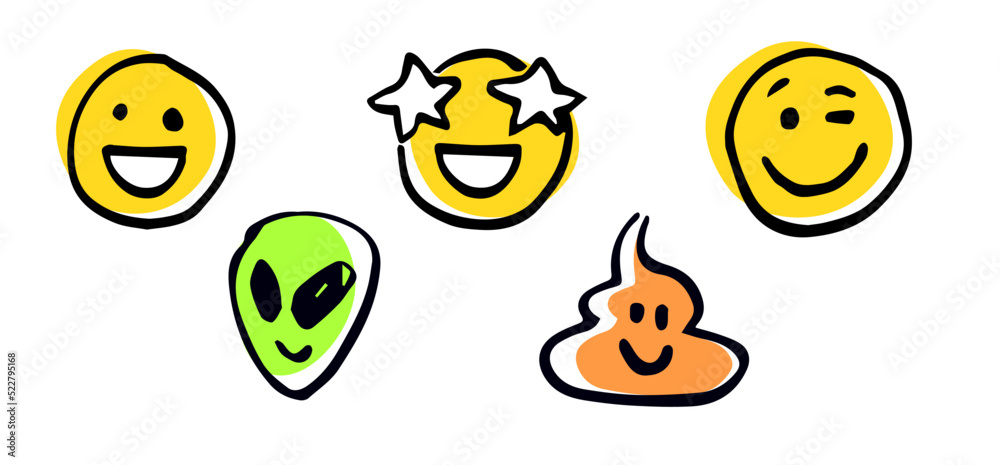 Emojis, emoticons. Vector illustration of happy faces, smile with star ...