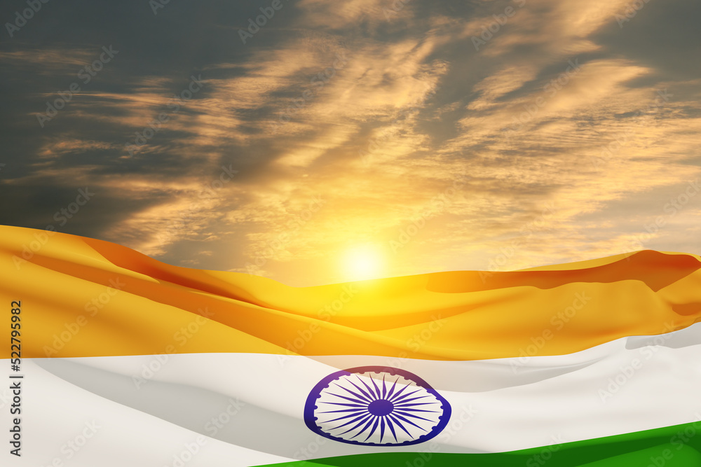 Waving India flag on sunset sky. Background with place for your text ...