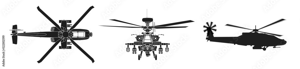 Vector set of icons of the AH-64 combat attack helicopter of the United ...