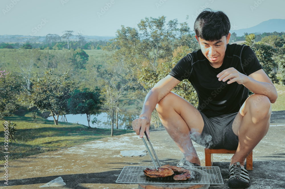 Series photo of happy young man roast meat ,grill a beef by coke oven ...