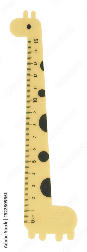 Cutout of an isolated cute yellow giraffe shape ruler with the ...
