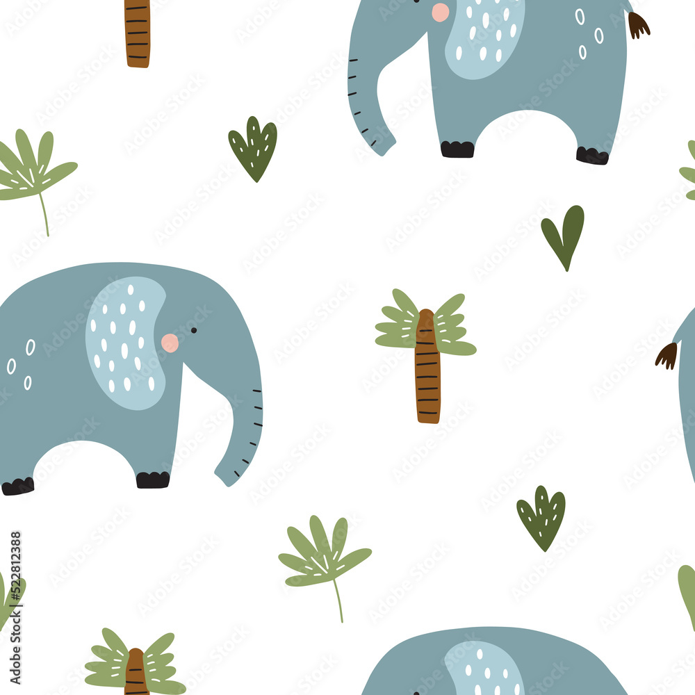 Seamless pattern with a cute elephant in the jungle. Vector ...
