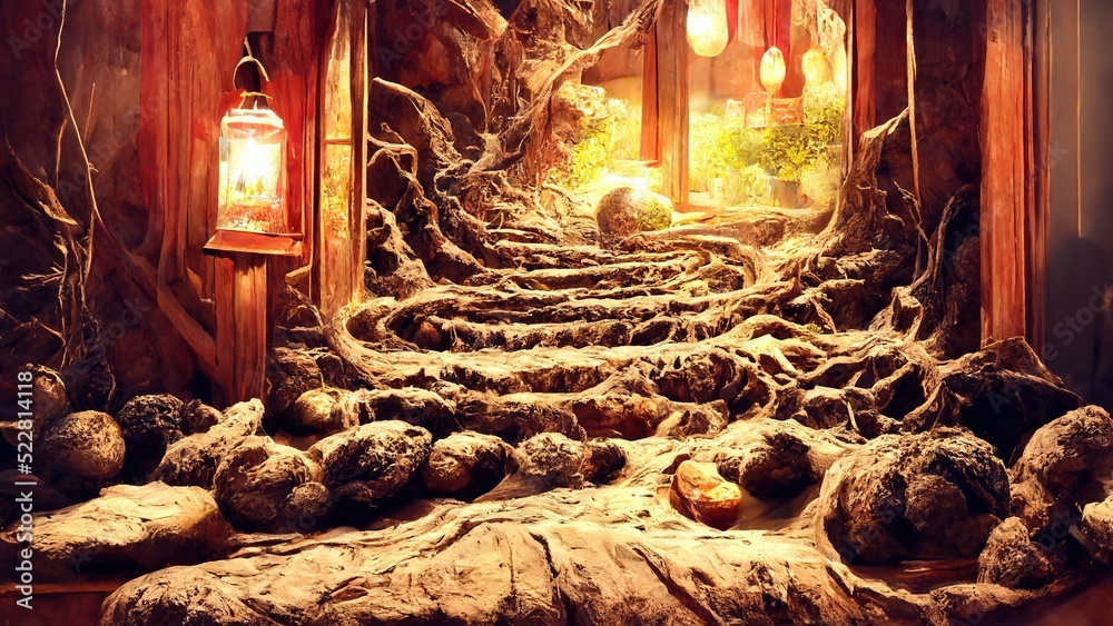 fantastic plot with a staircase made of tree roots and stones leading ...