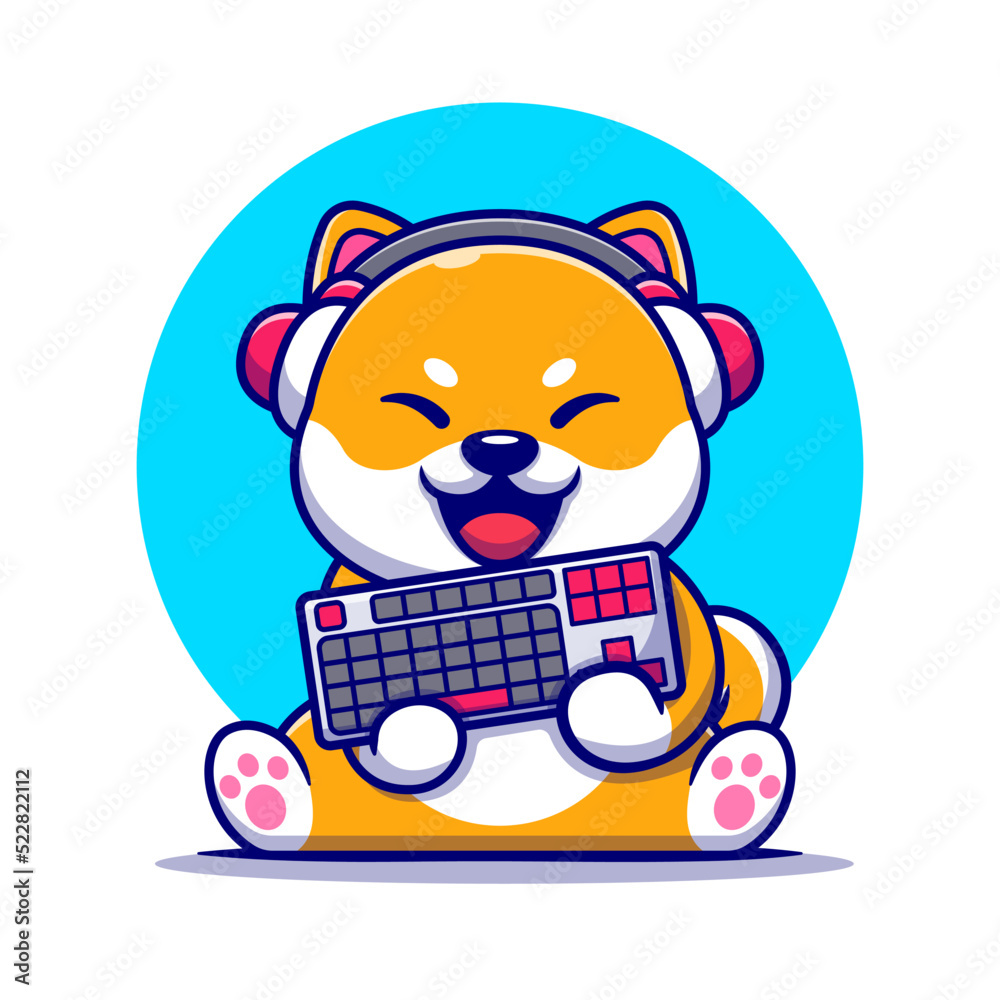 Cute Shiba Inu Gaming Dog With Headphone And Holding Keyboard Cartoon ...