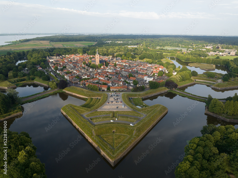 Fortified ancient old historic town of Naarden Vesting overhead aerial ...