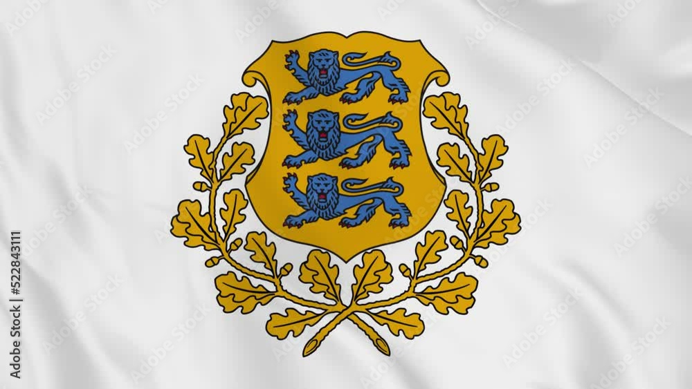 national emblem coat of arms or symbol of estonia in waving flag ...