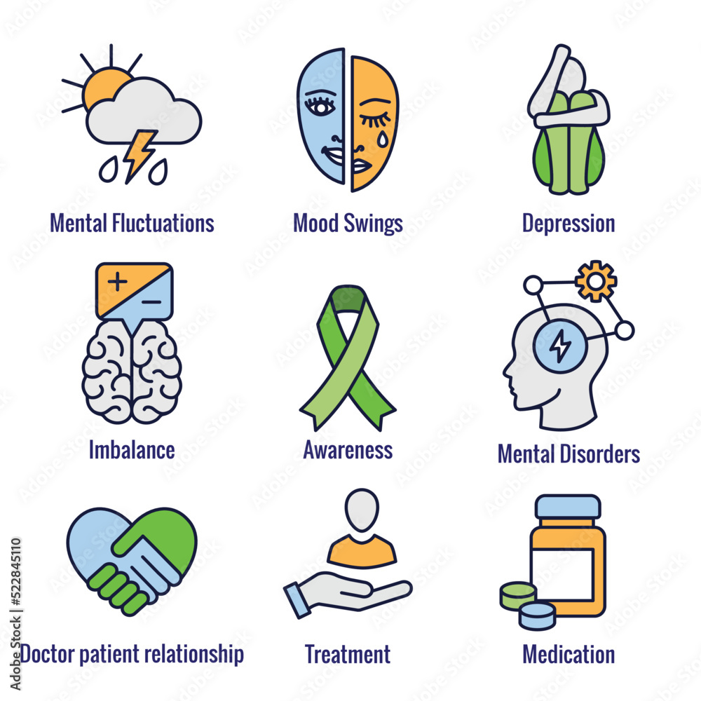 Bipolar Disorder or Depression BP Icon Set Showing Mental Health Issue ...