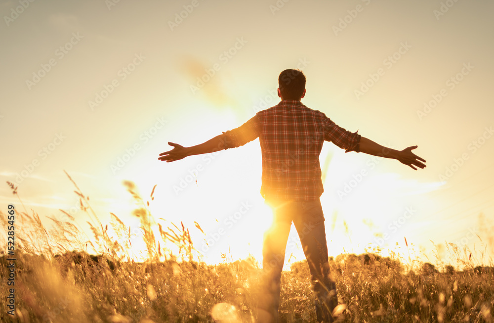 happy person man in the field with open area up to the sunset sky ...