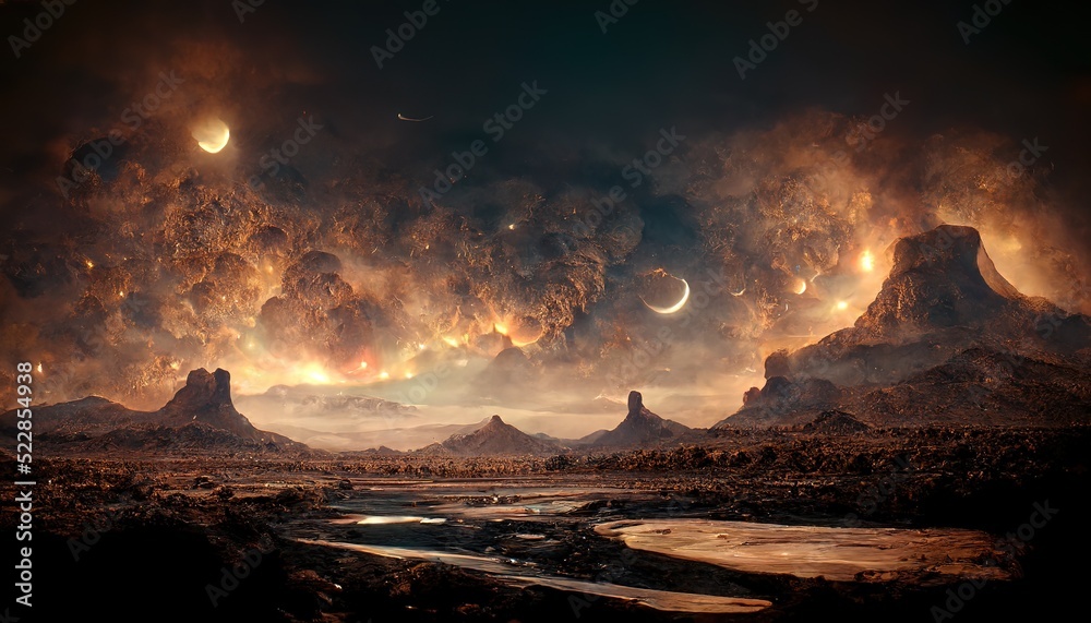 Raster illustration of desert planet with alien objects in the sky ...