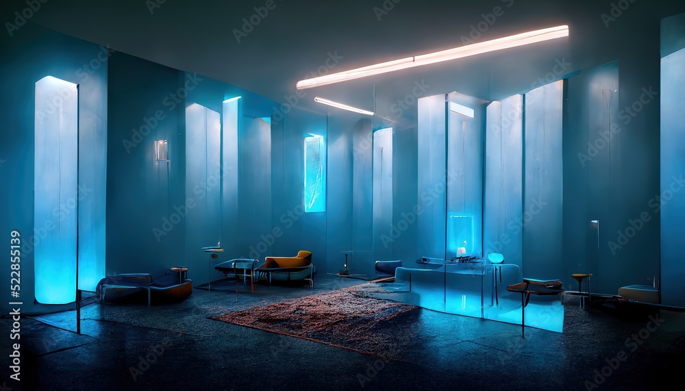 Raster illustration of a room with tables, chairs and neon blue ...