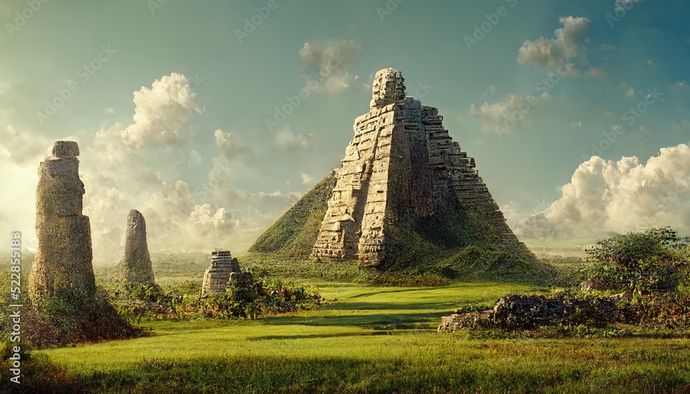 Mayan pyramid with stone statues near it. Green valley, figurines, idol ...