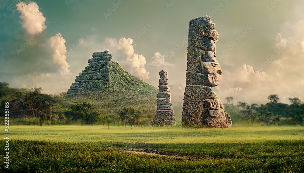 Ancient stone statues on the green meadow. Mayan pyramid, paganism ...