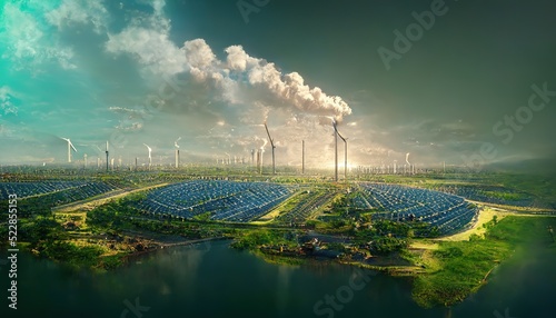 Field with solar batteries and wind farms. Renewable sources of ...