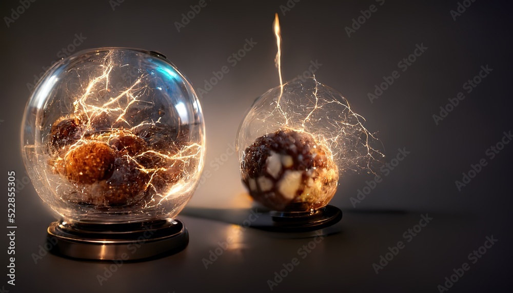 Raster illustration of two spheres with electricity. One sphere burst ...
