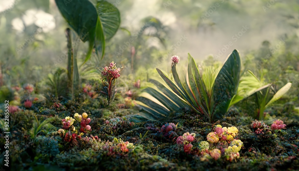 Raster illustration of tropical plants on uninhabited islands. Jungle ...