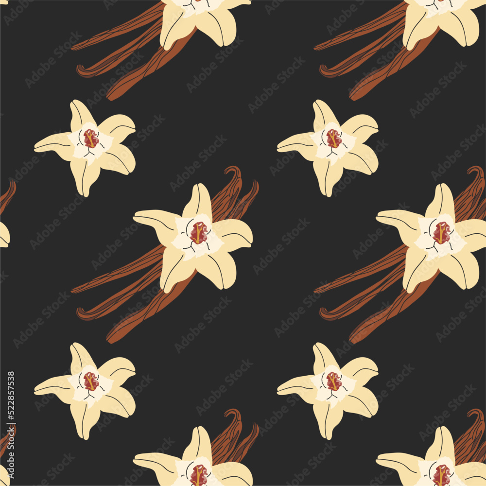 Floral seamless pattern with vanilla flowers and pods on a black ...