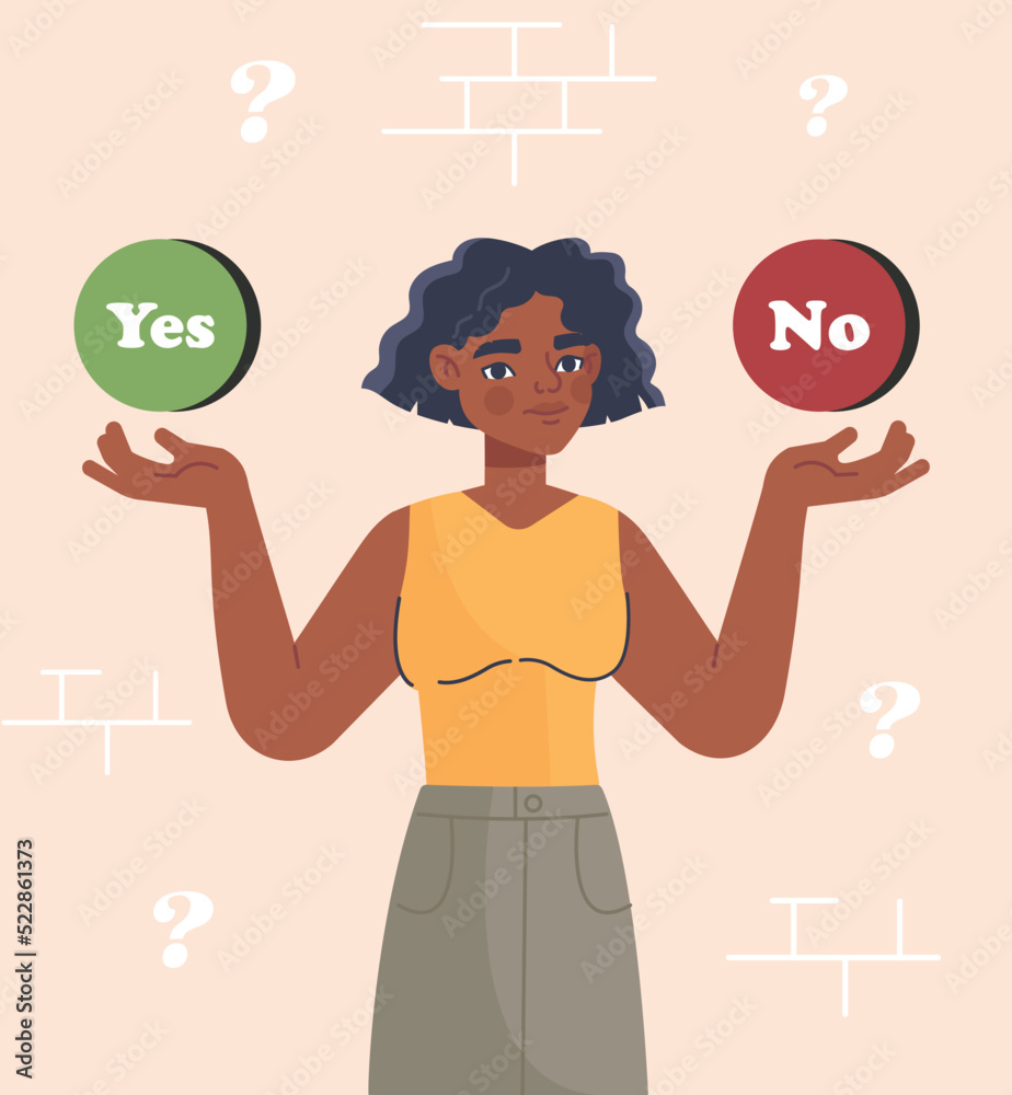Yes or no. Woman chooses between two answers and options, character ...