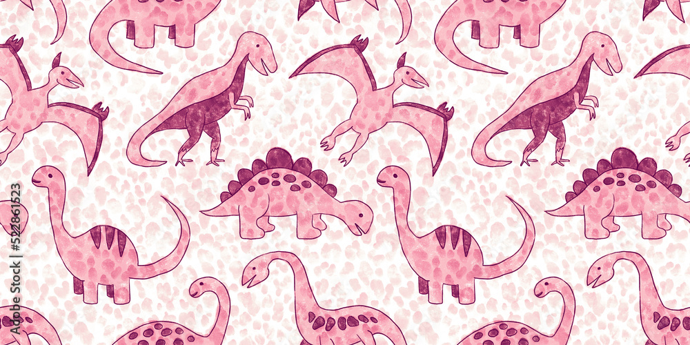 Seamless hand drawn pastel baby pink dinosaur pattern with polka dot ...