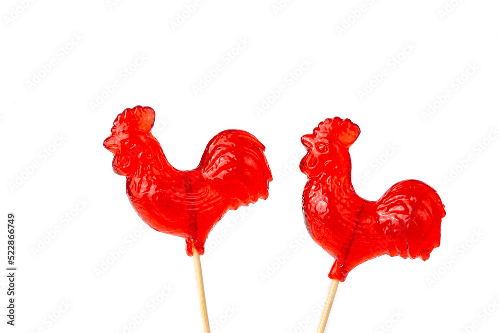 Rooster shape lollipop isolated on white background - rooster candy ...