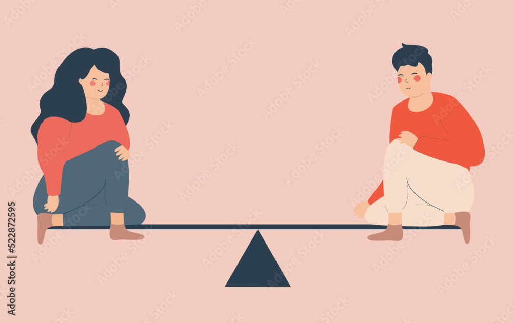 Man and woman character sitting on a weight scale showing sign of equal ...