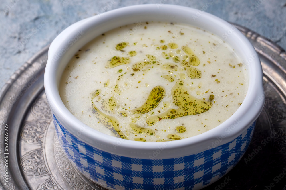 Traditional delicious Turkish food; Yoghurt soup (Turkish name; yayla ...