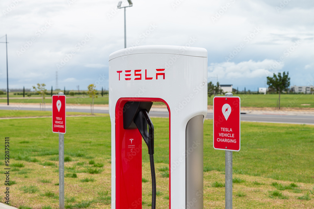 Tesla Electric Vehicle Charging Station at the service station near The ...