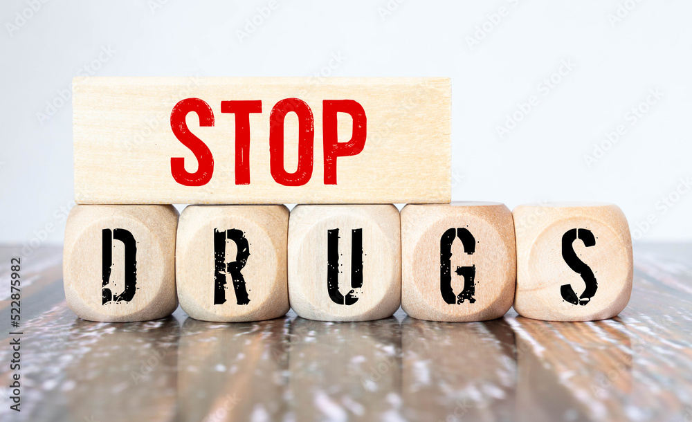 Red pill capsules, syringe injection and bubble speech with text STOP ...