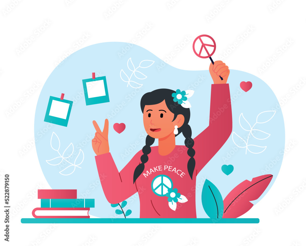 Make peace concept. Young girl in sweater and with sign of kindness ...