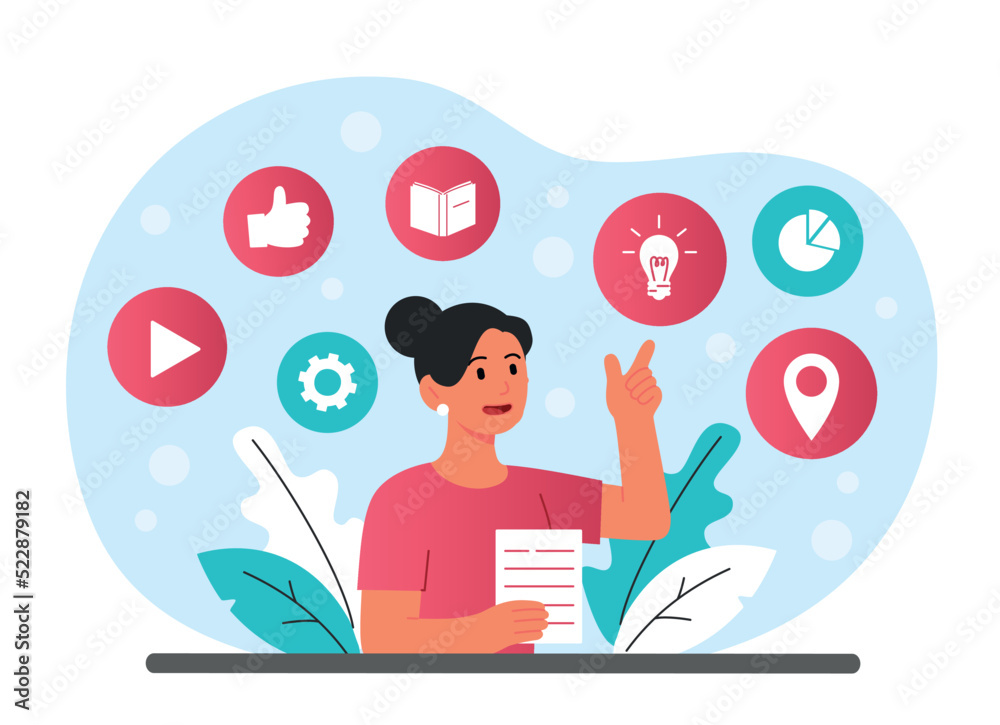 Mind map concept. Young girl sorts information in her head, modern ...