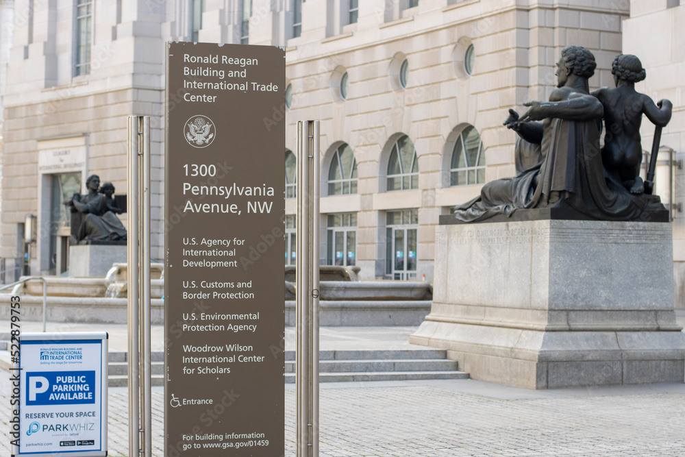 Washington, DC, USA - June 24, 2022: The sign outside the Ronald Reagan ...