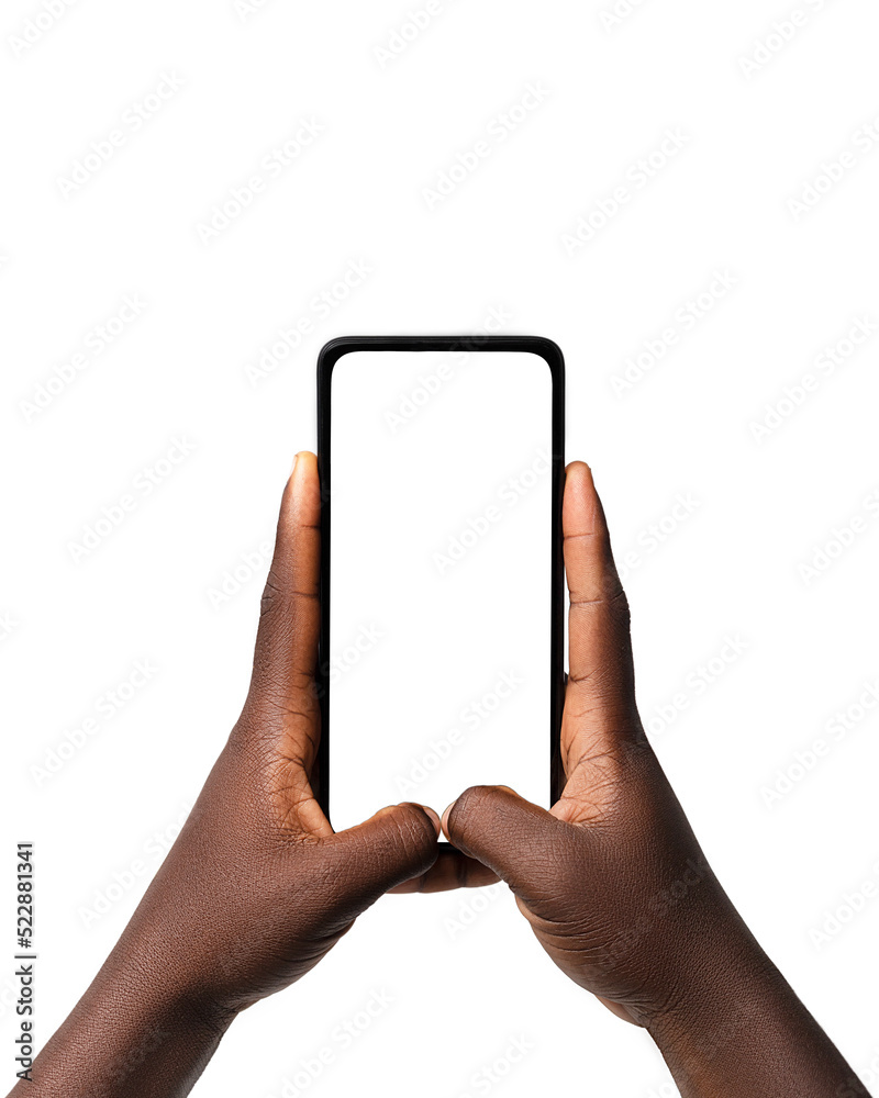 Black hand holding phone facing camera isolated on white background ...