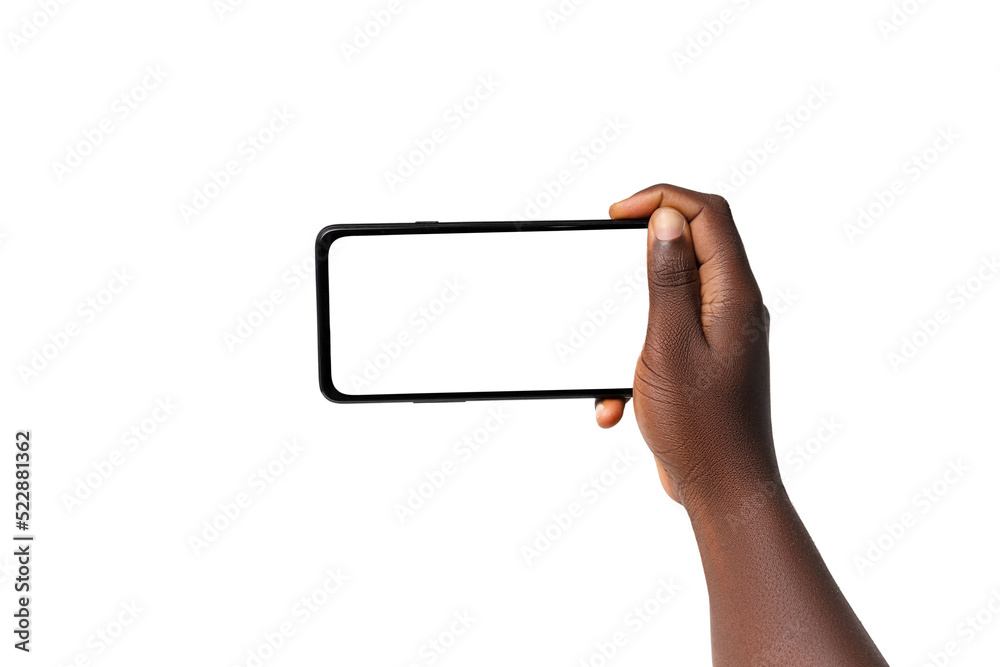 Black hand holding phone facing camera isolated on white background ...