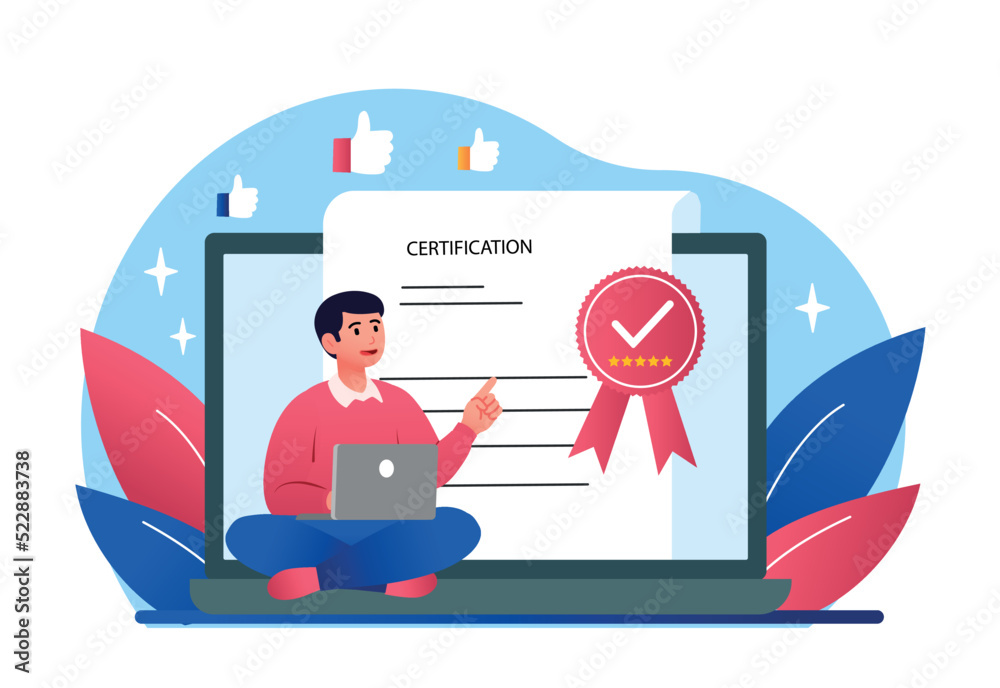 Website certification concept. Young man uses laptop to search for ...
