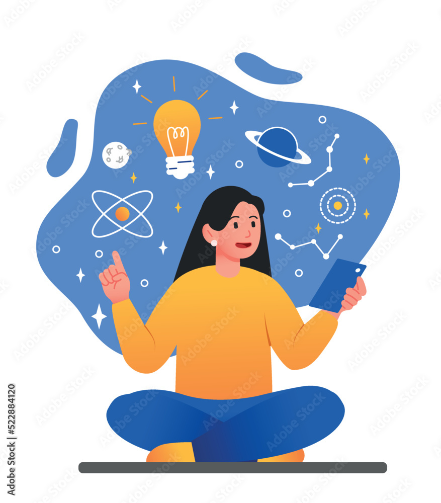 Creative thinking concept. Young girl with tablet brainstorming. Ideas ...