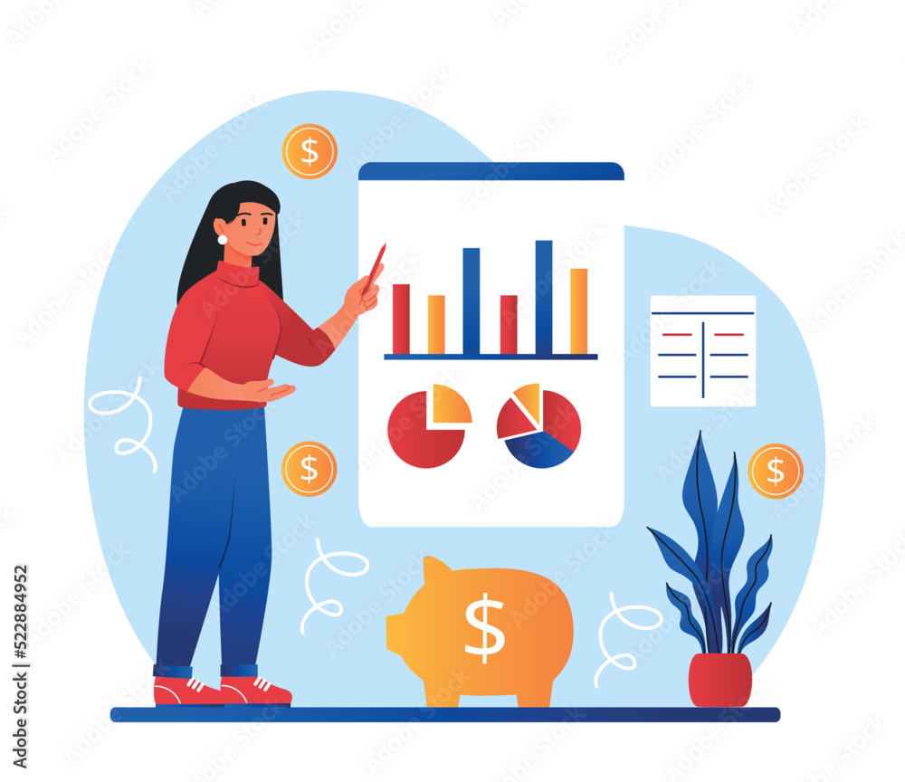 Manage money concept. Woman with charts evaluates expenses and income ...
