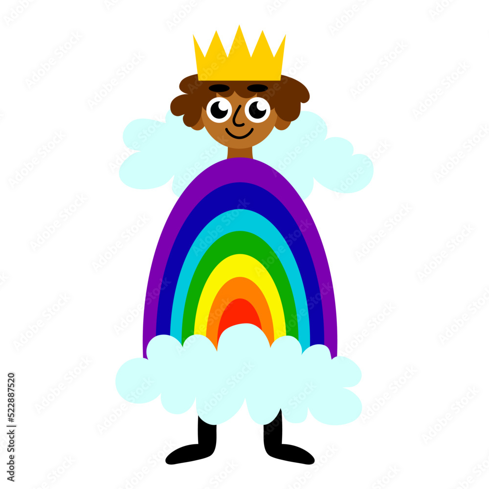 Hispanic boy in Rainbow king costume for Halloween vector illustration. Happy indian teenager ...