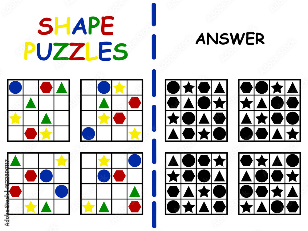 Shape puzzles set with answer for kids vector illustration. Sudoku game ...