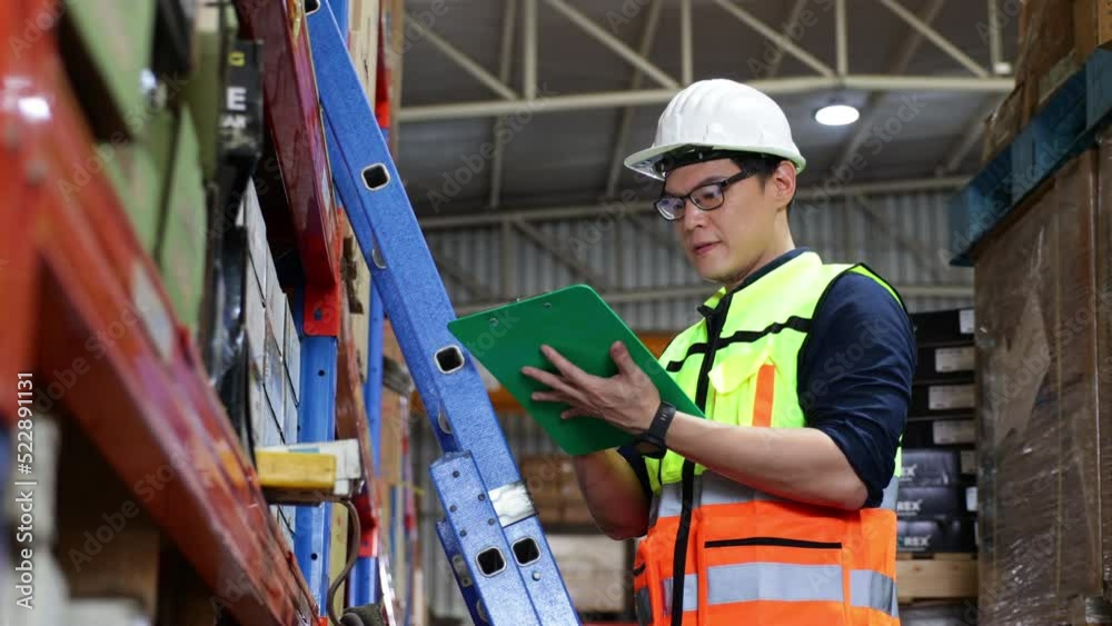 Working on ladder stair. Portrait handsome Asian male warehouse ...